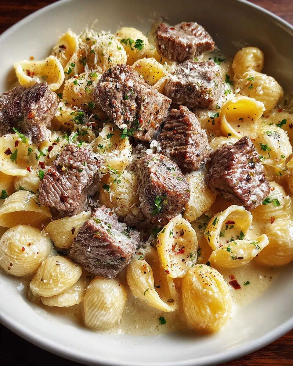 Steak Bites and Shell Pasta in Garlic Butter Alfredo Sauce – My Food Plans