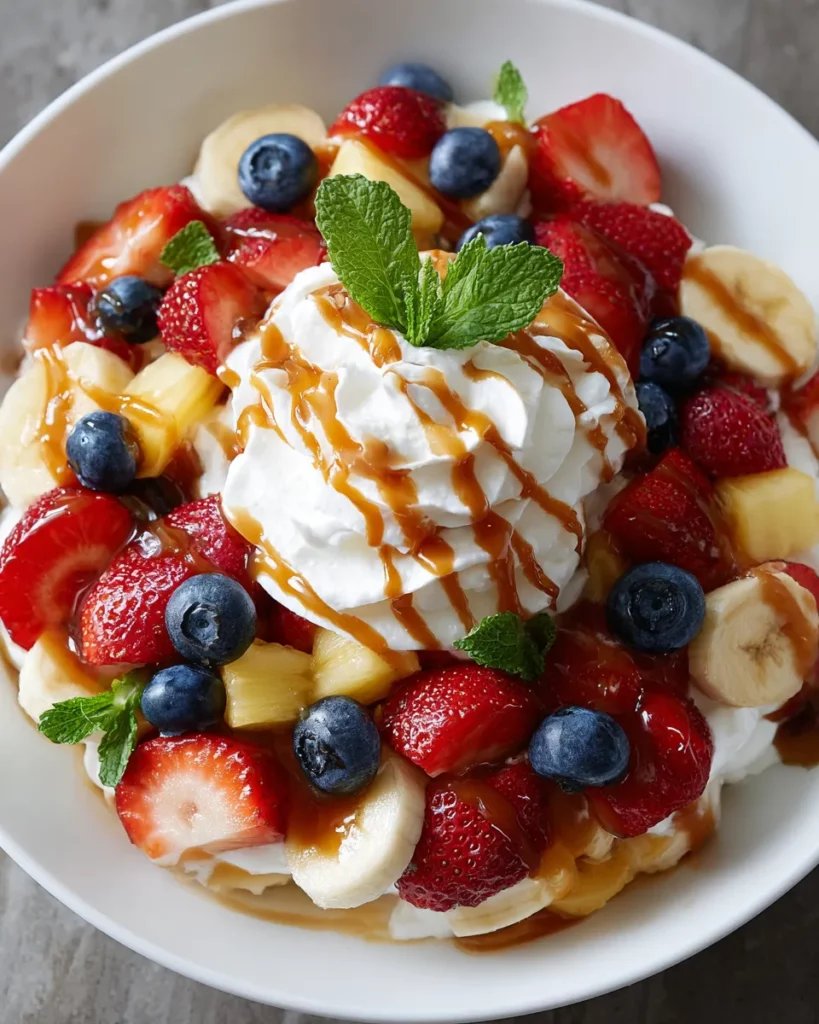 Fresh Cheesecake Fruit Salad with Caramel Drizzle and Whipped Cream ...
